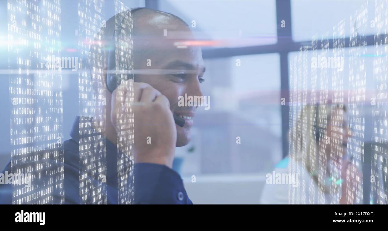 Image of moving columns over diverse business people Stock Photo - Alamy