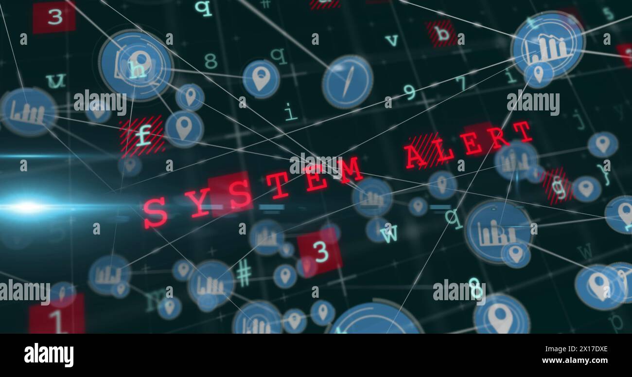 Image of system hacked, malware, alert text, letters, numbers with connected gps and graph icons ...