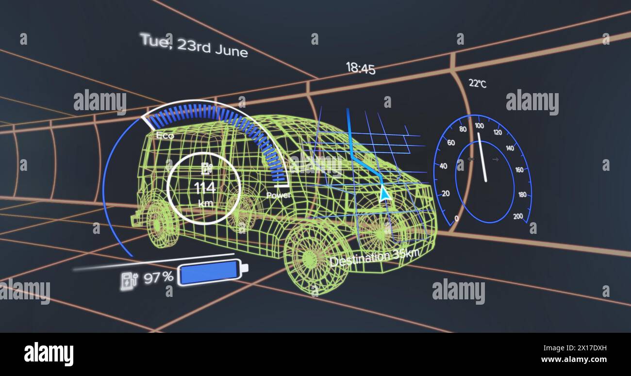 Image of speedometer over electric van project on navy background Stock ...