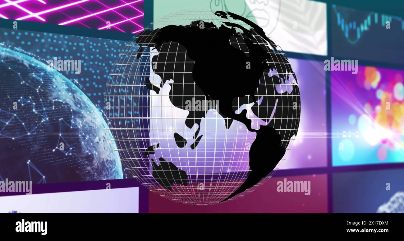 Image of black globe rotating over colourful clips playing on composite ...