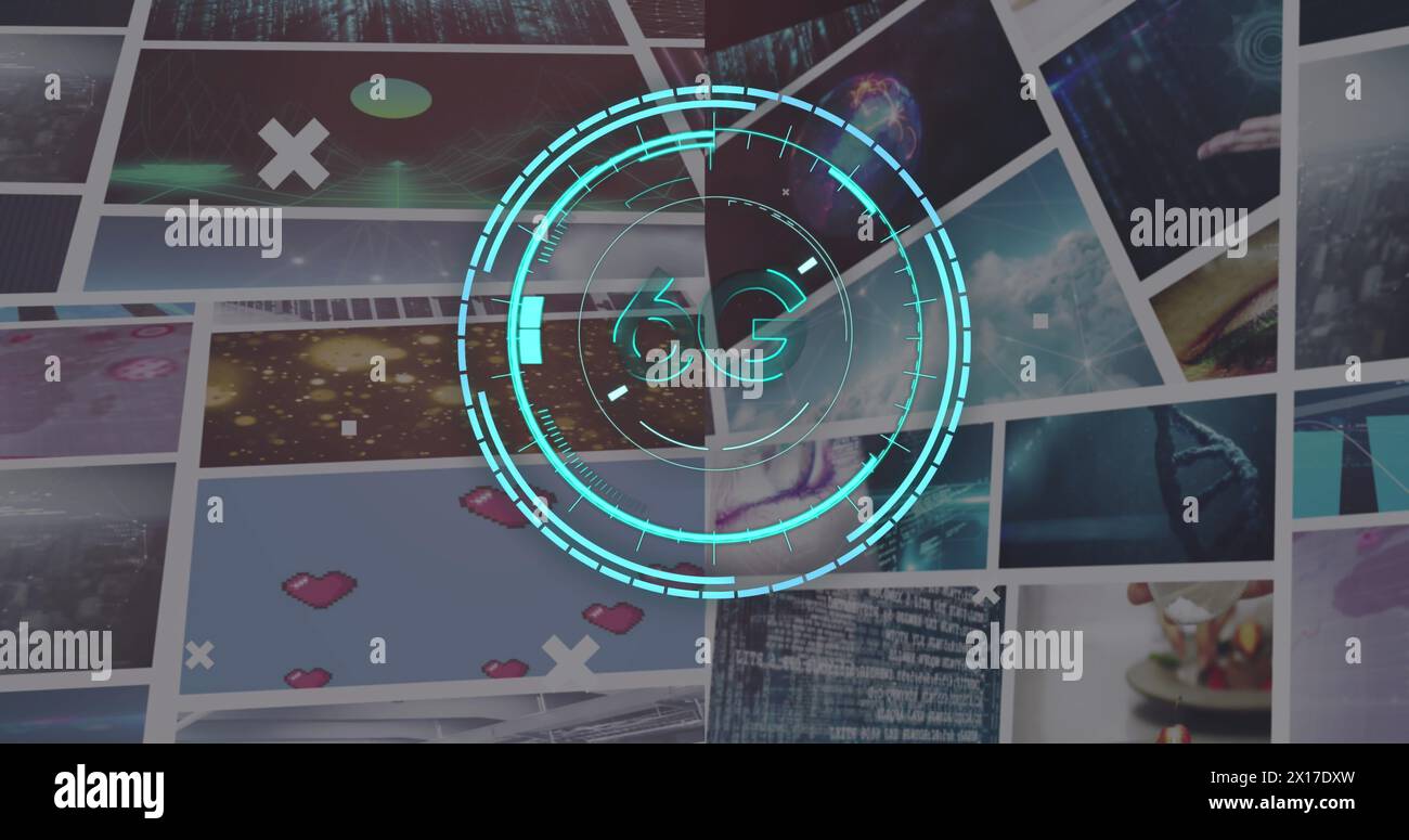 Image of 6g text on rotating circular scope and white crosses over ...