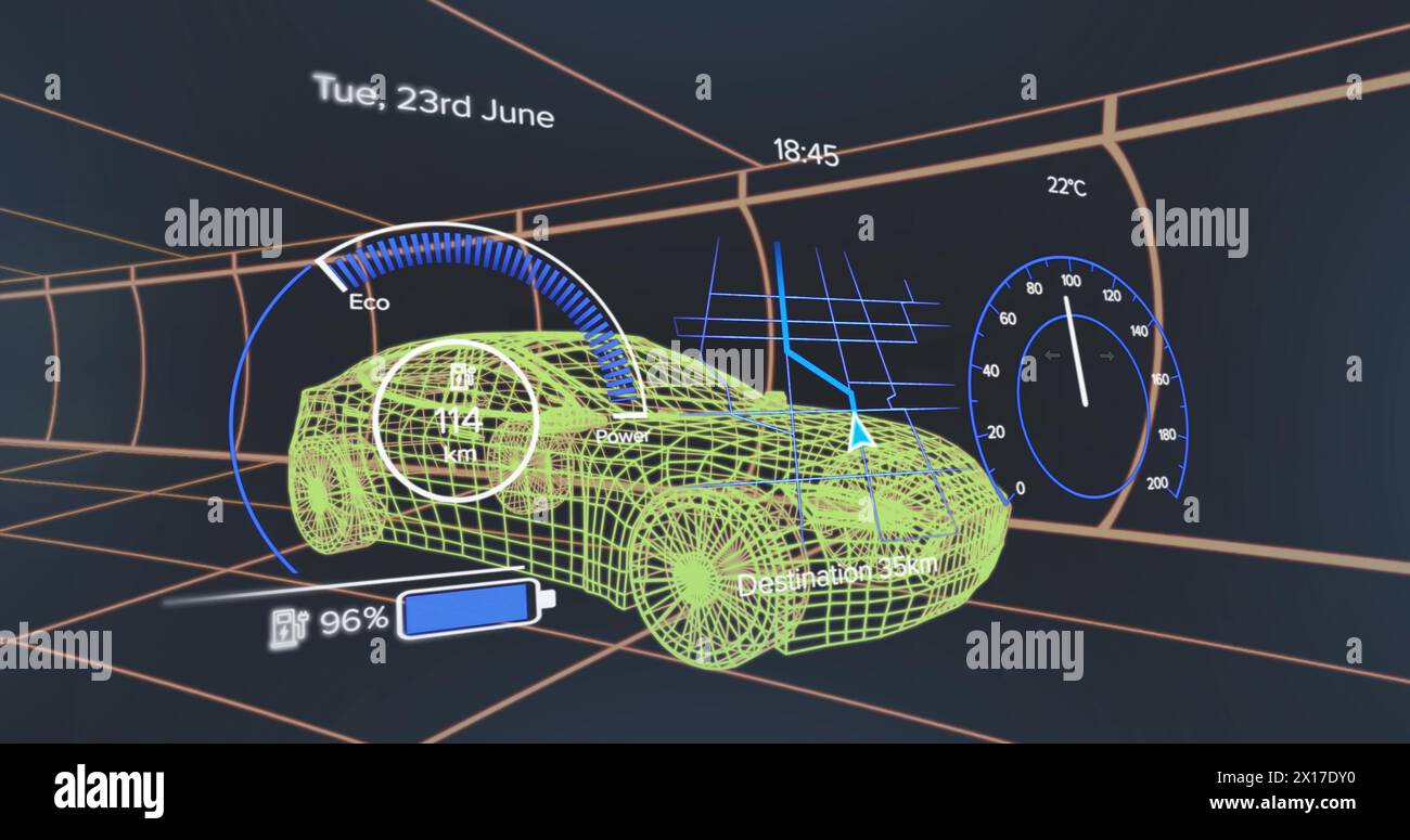 Image of speedometer over electric car project on navy background Stock ...