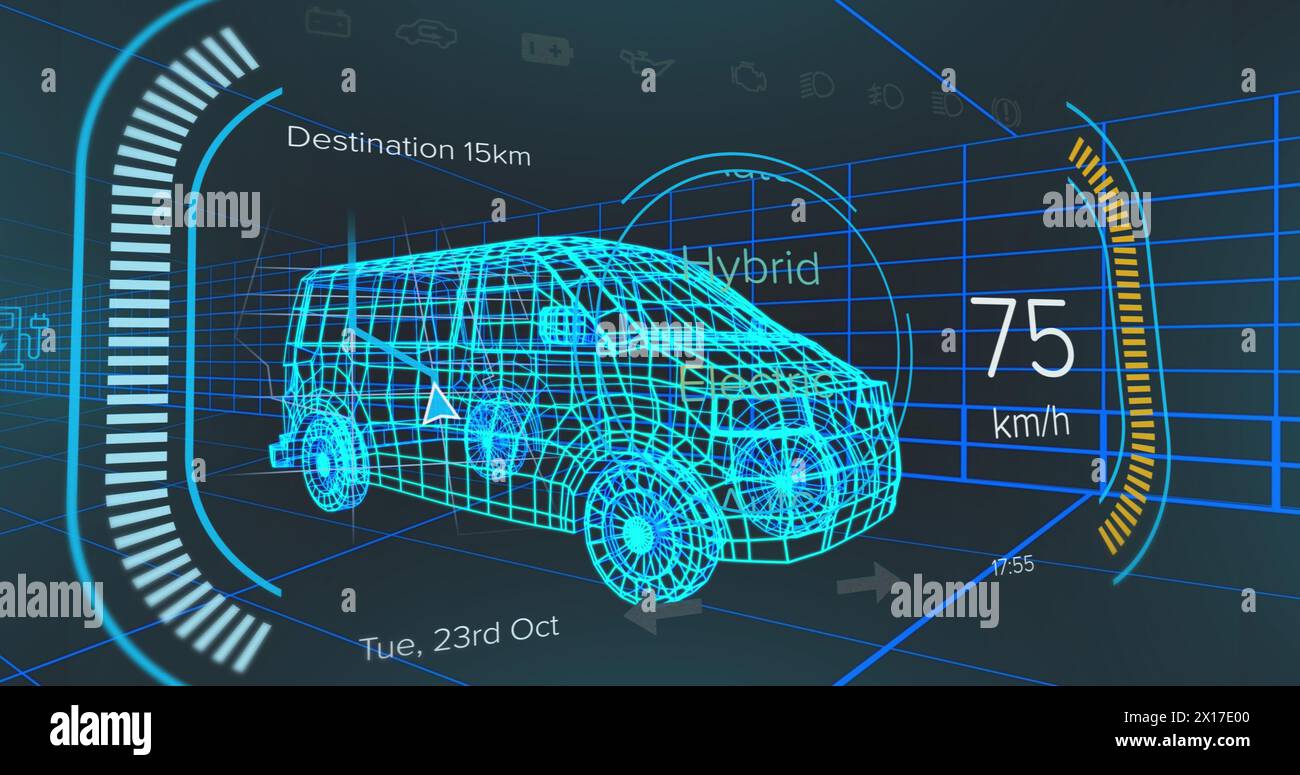 Image of speedometer over electric van project on navy background Stock ...