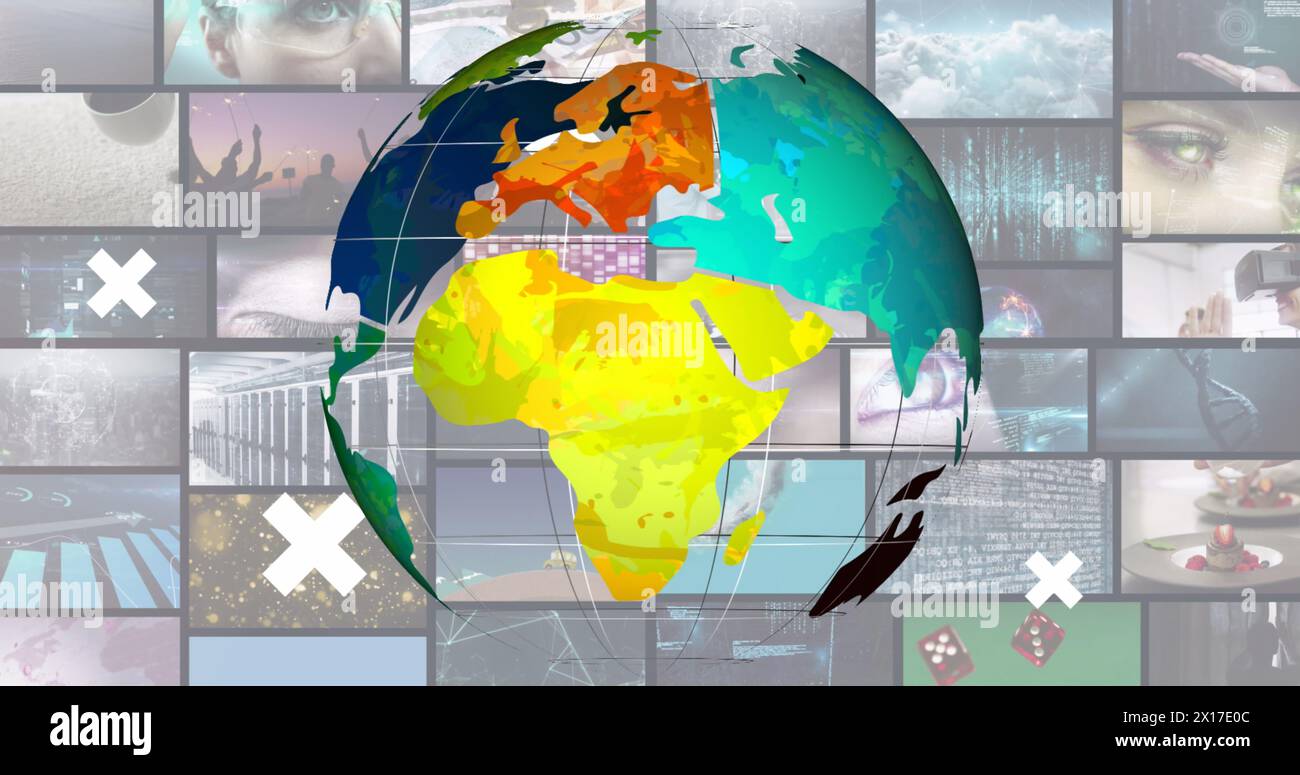 Image of colourful globe and white crosses over various clips playing ...