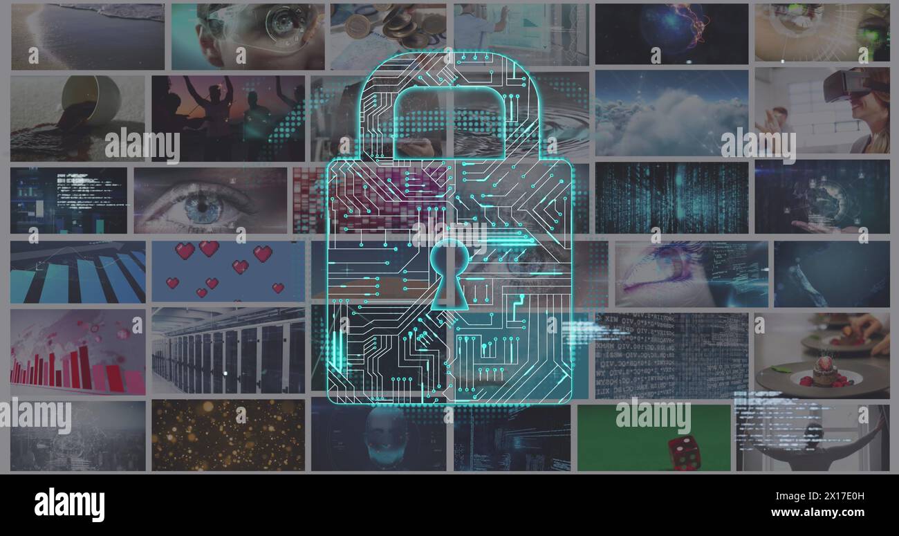 Image of data processing and glowing padlock over various clips playing ...