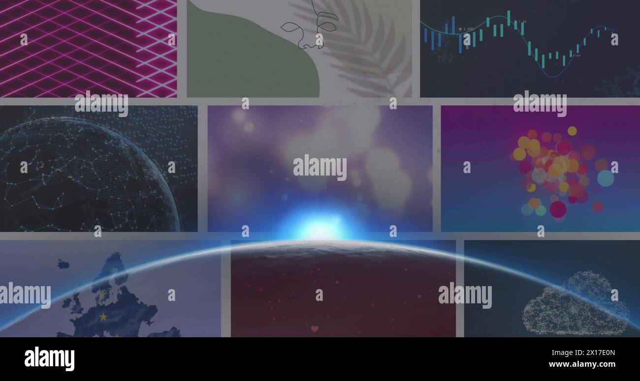 Image of 6g text over glowing globe over colourful clips playing on ...