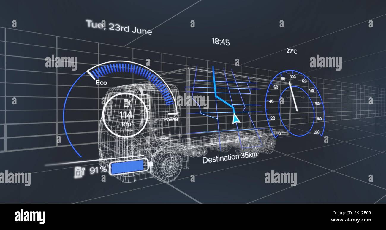 Image of speedometer over electric truck project on navy background ...