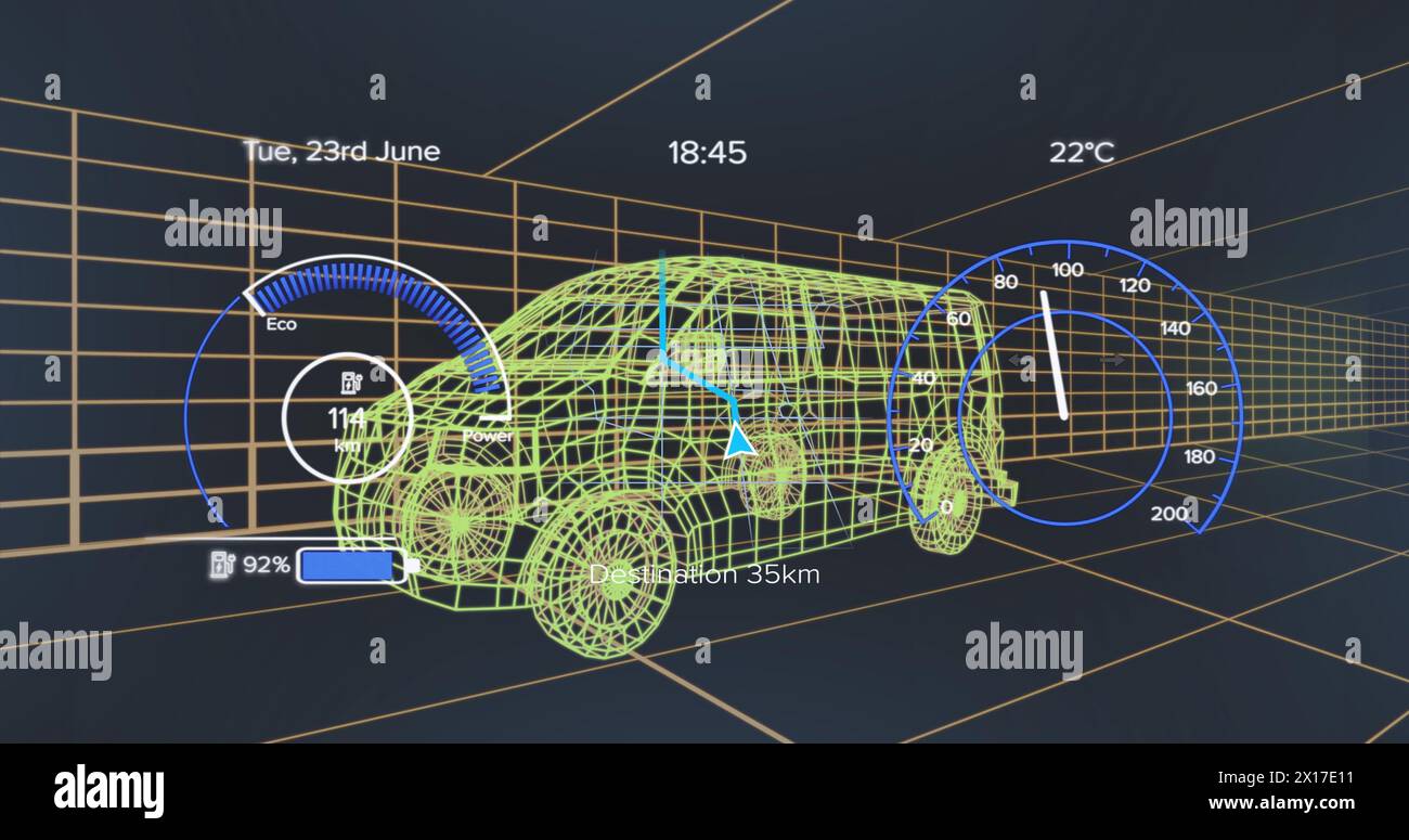 Image of speedometer over electric van project on navy background ...