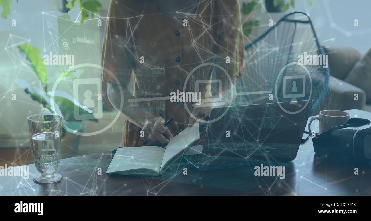 Image of network of connections with media icons over caucasian woman ...