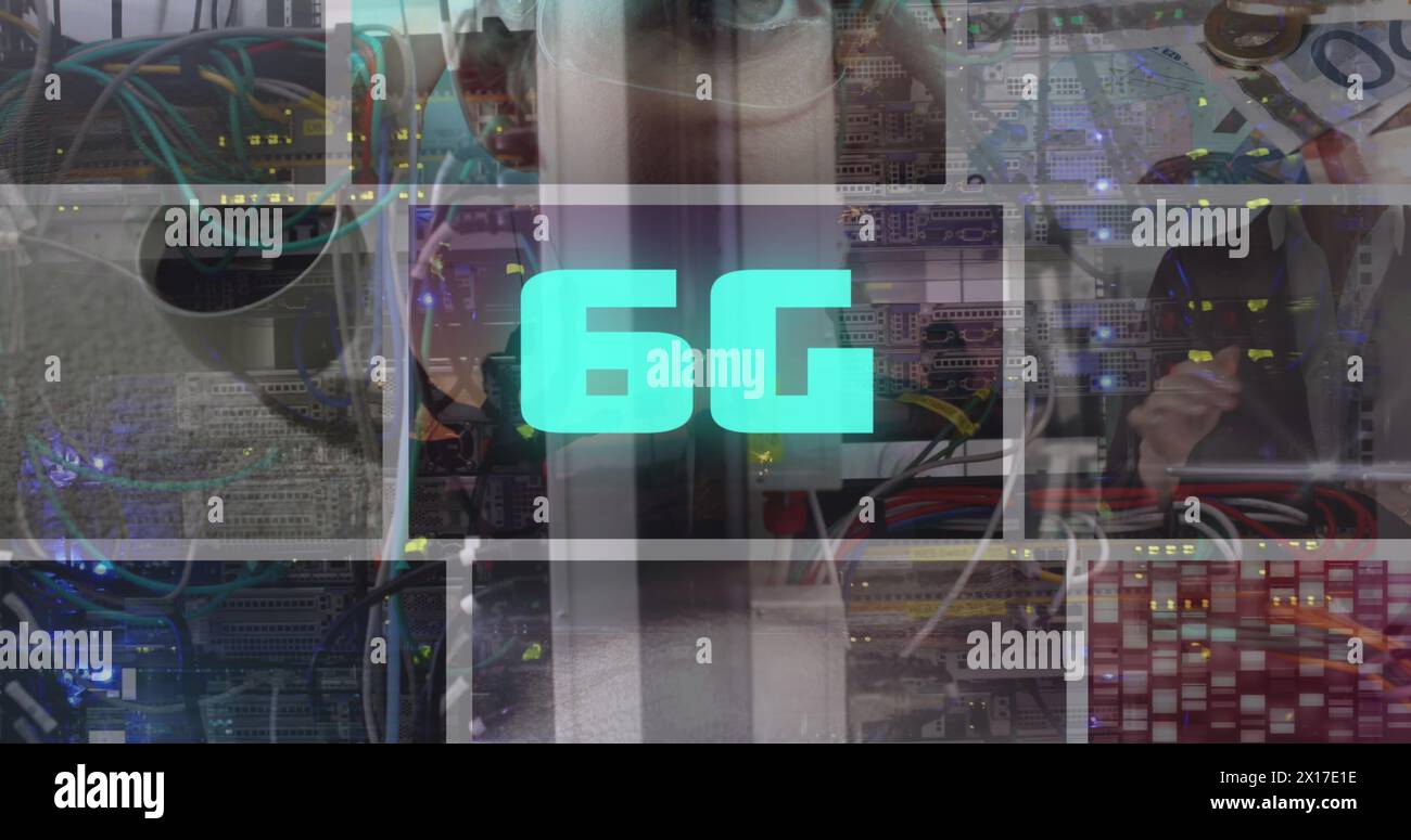 Image of 6g text and computer server cables over colourful clips ...