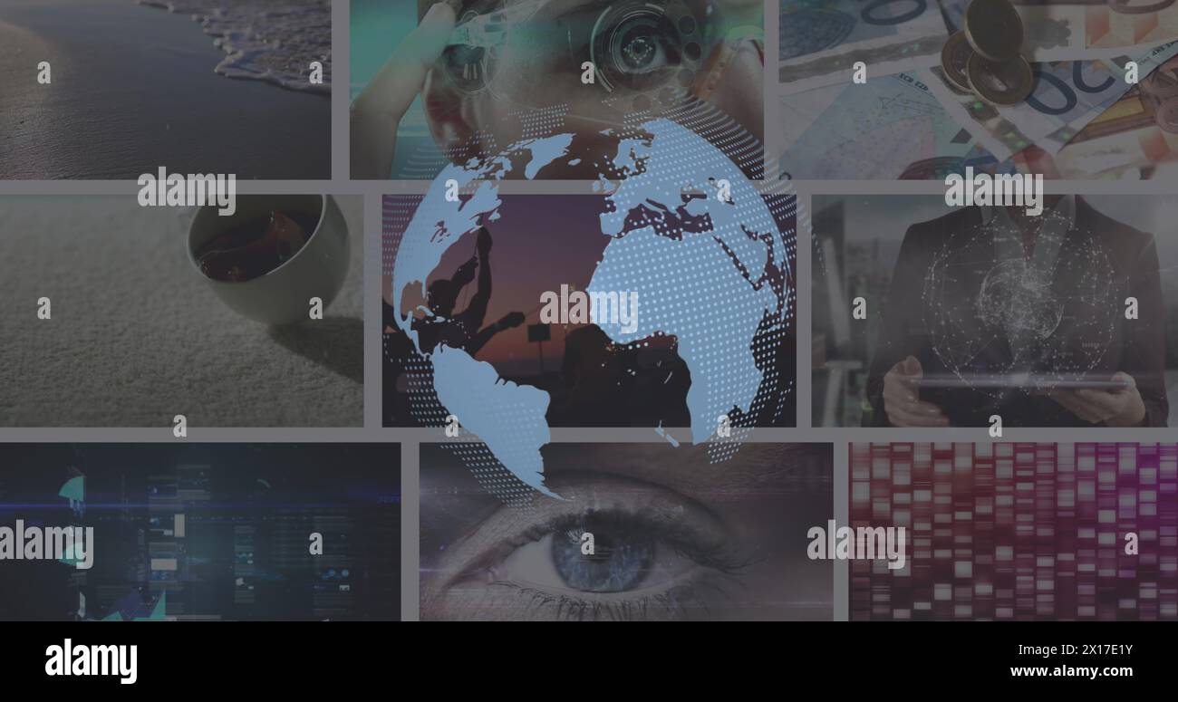 Image of white globe rotating over various clips playing on composite ...