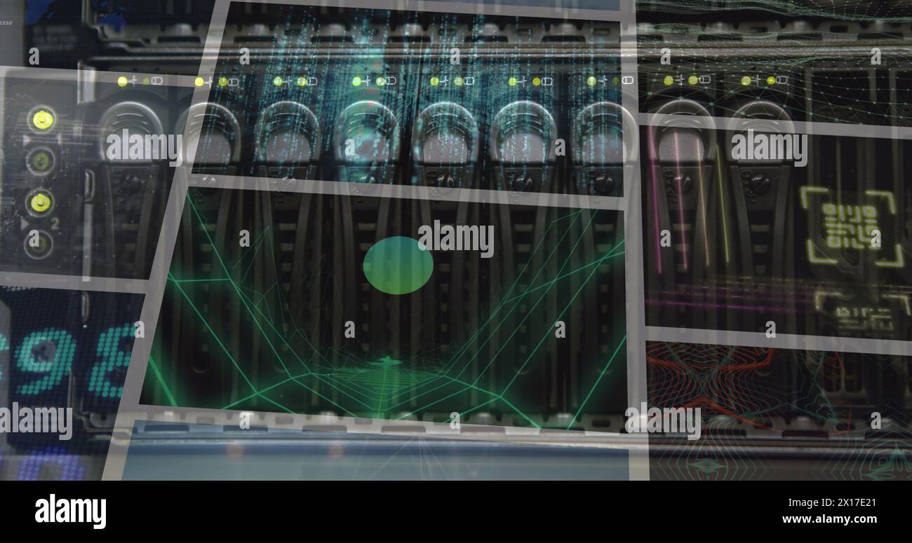 Image of flashing lights on computer server over colourful clips ...