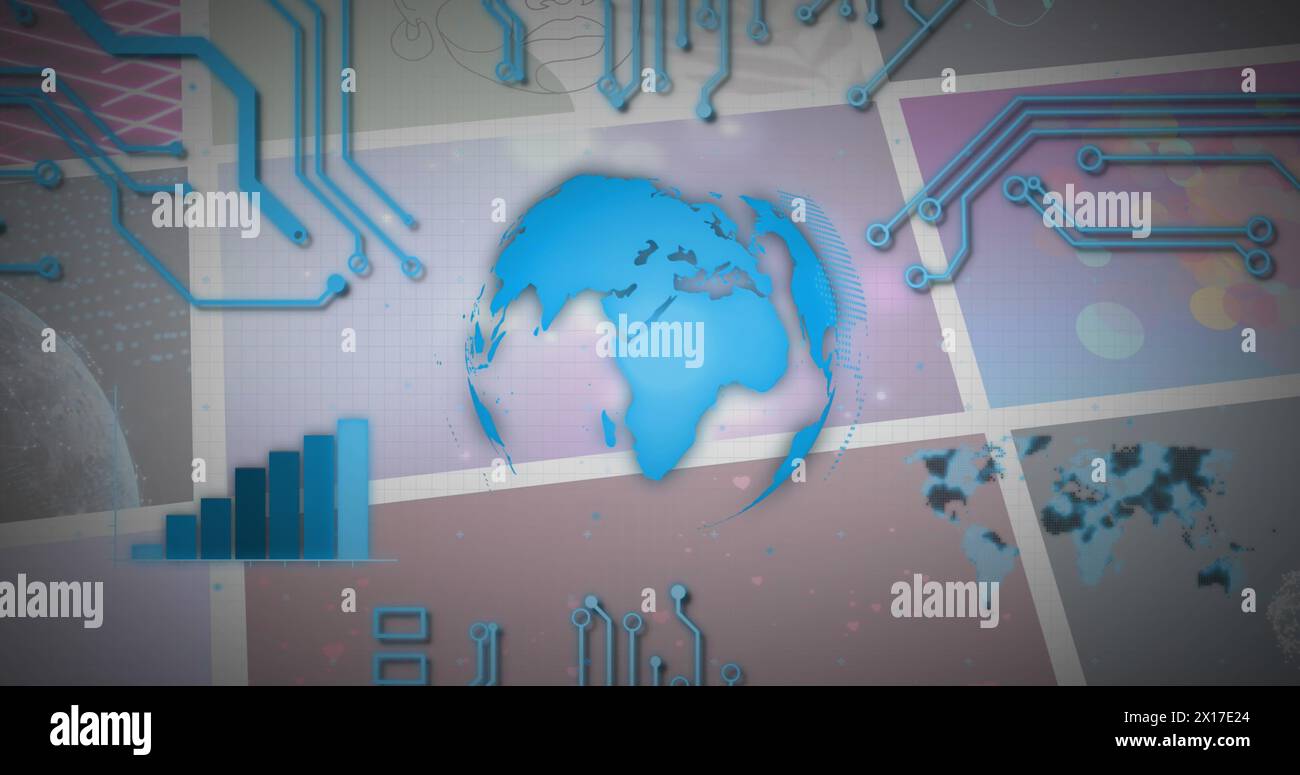 Image of blue globe, circuits and charts over colourful clips playing ...