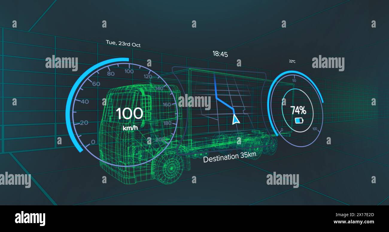 Image of speedometer over electric truck project on navy background ...