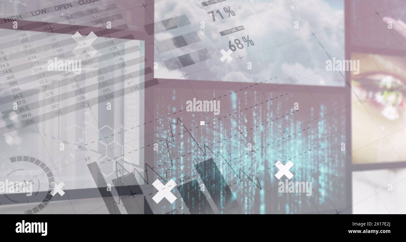 Image of black and white charts and data over various clips playing on ...