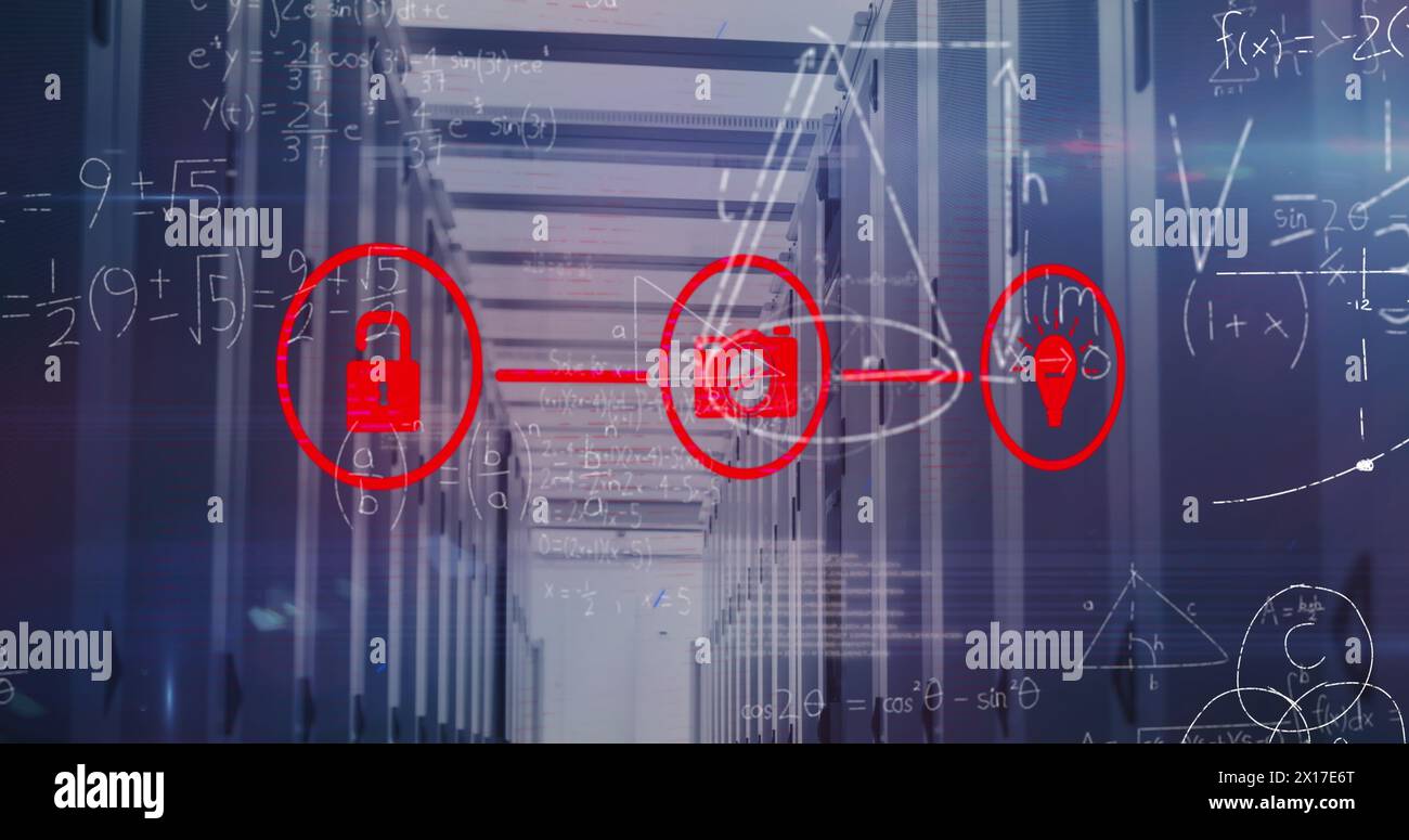 Image Of Network Of Digital Icons Data Processing And Mathematical Equations Over Server Room