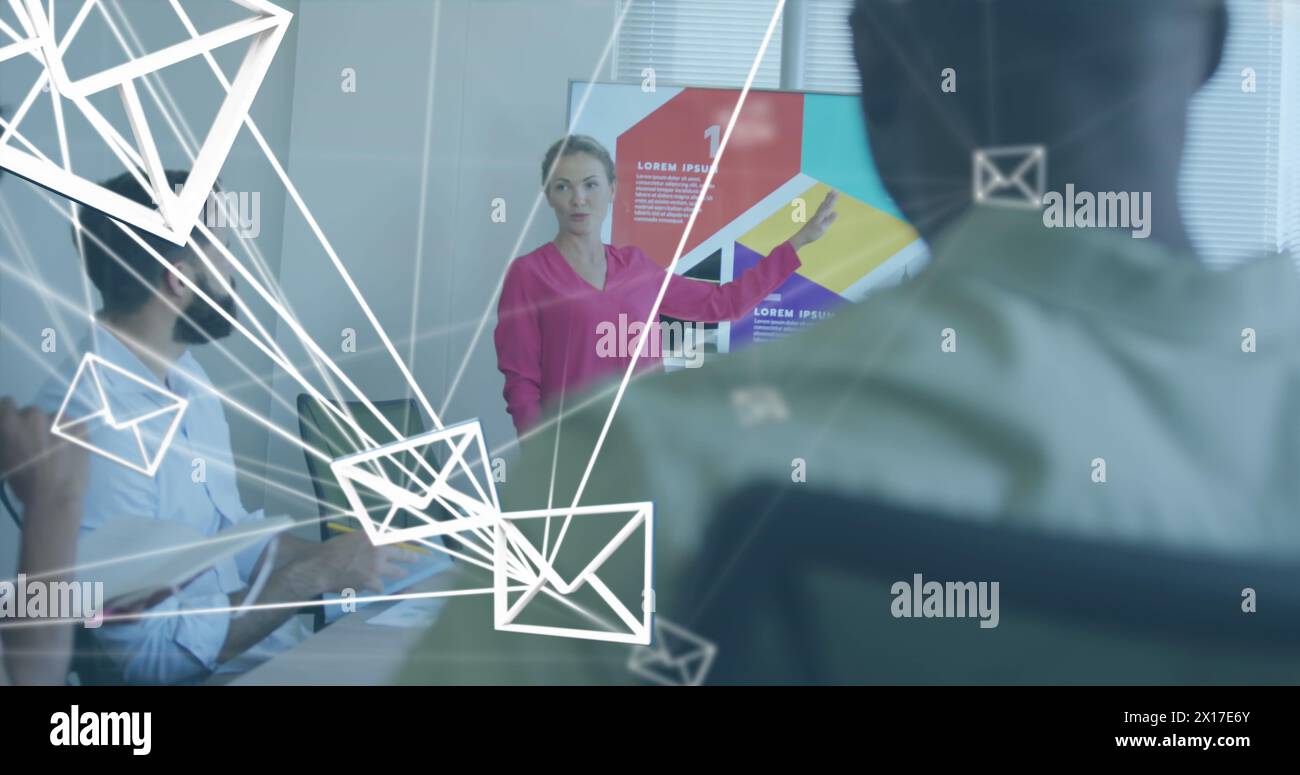 Image of network of message icons against caucasian woman giving a ...