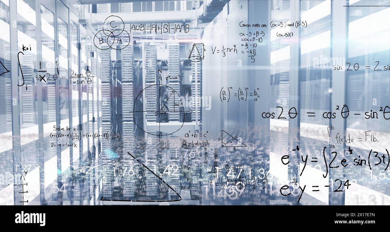 Image of mathematical equations, data processing and light trails over ...