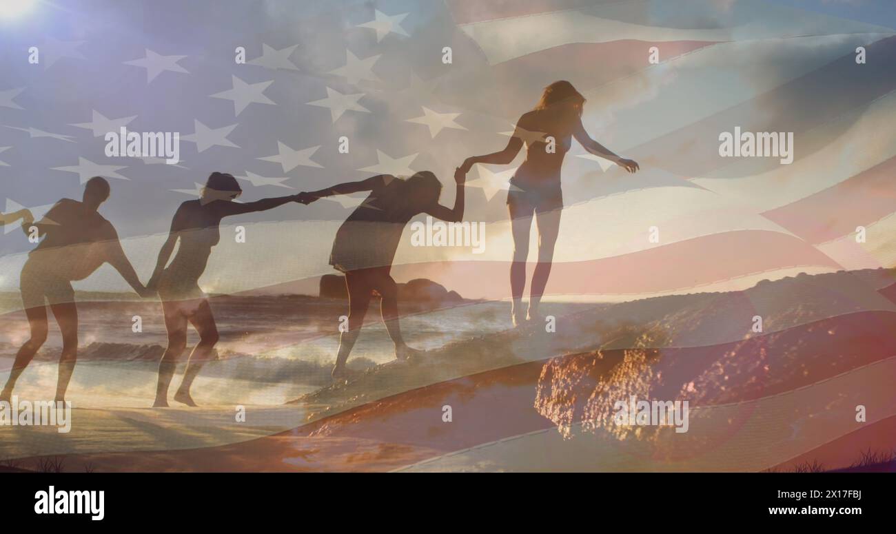 Image of flag of united states of america over friends having fun Stock ...
