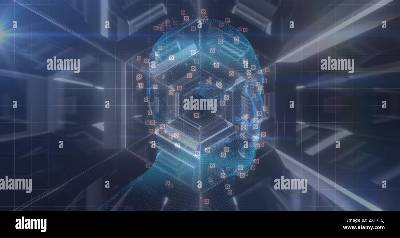 Human face model spinning against hexagonal tunnel in seamless pattern against blue background ...