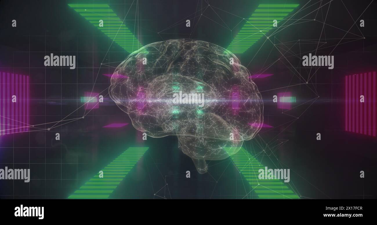 Human brain spinning and network of connections against glowing tunnel ...