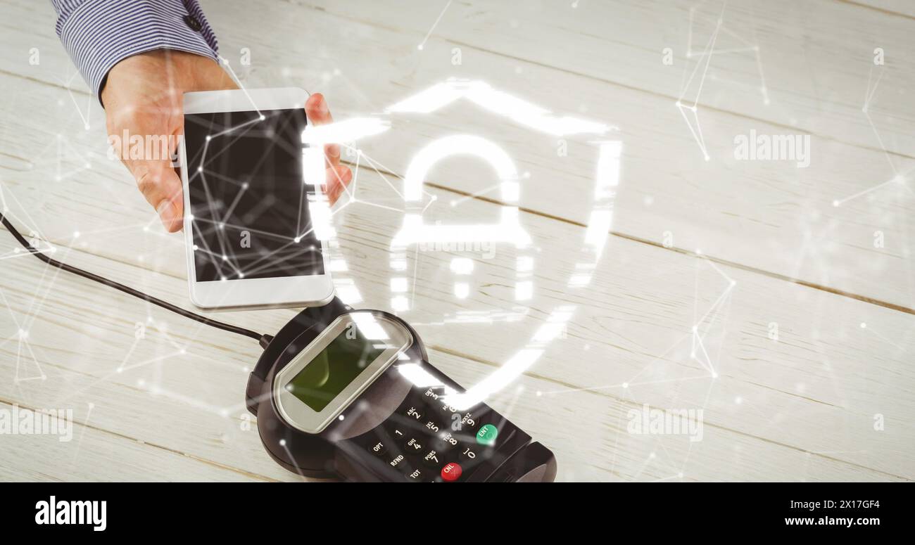 Image of network of connections and security padlock over smartphone ...