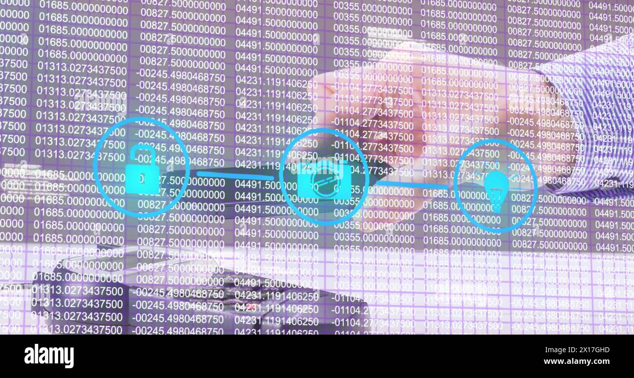 Image of security icons and data processing over hand with smartphone and payment terminal Stock ...