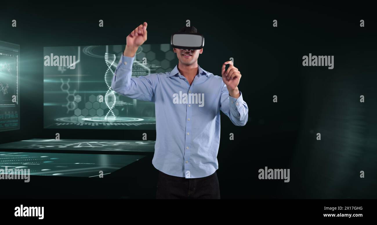Image of businessman wearing vr headset over screens with medical data ...