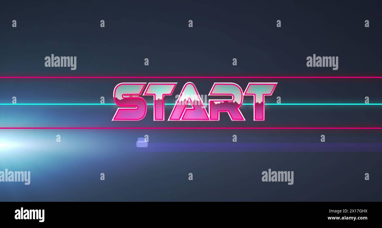 Image of start text in metallic pink letters with lines over glowing ...
