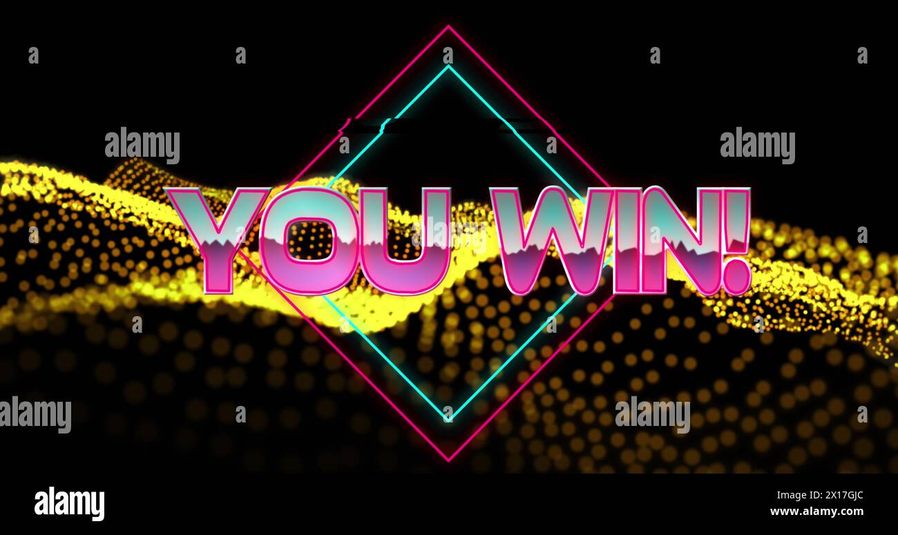 Image of you win text in metallic pink letters with diamonds over mesh ...