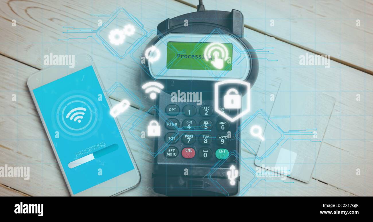Image of wi fi icons over smartphone and payment terminal Stock Photo ...