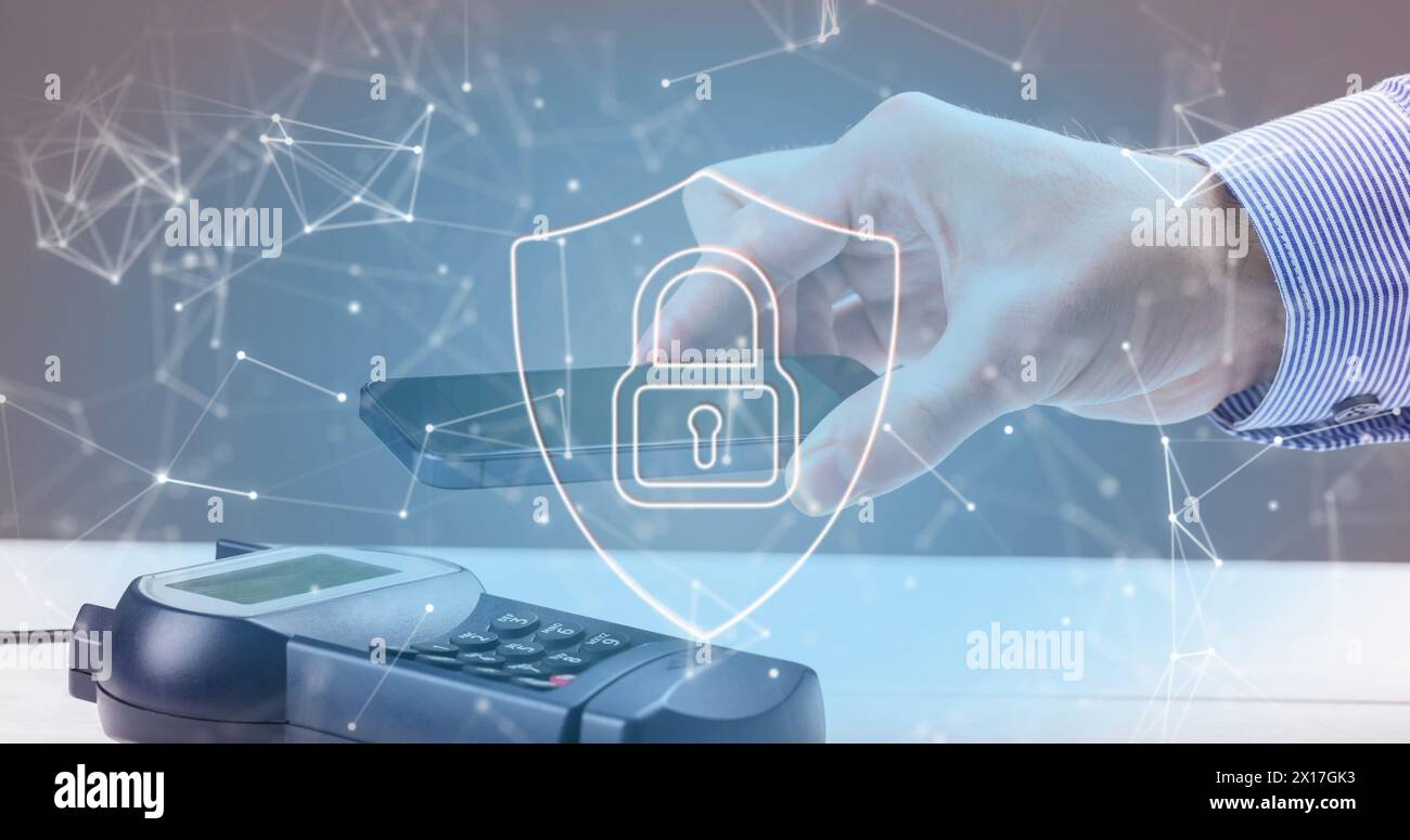 Image of network of connections and security padlock on shield over ...