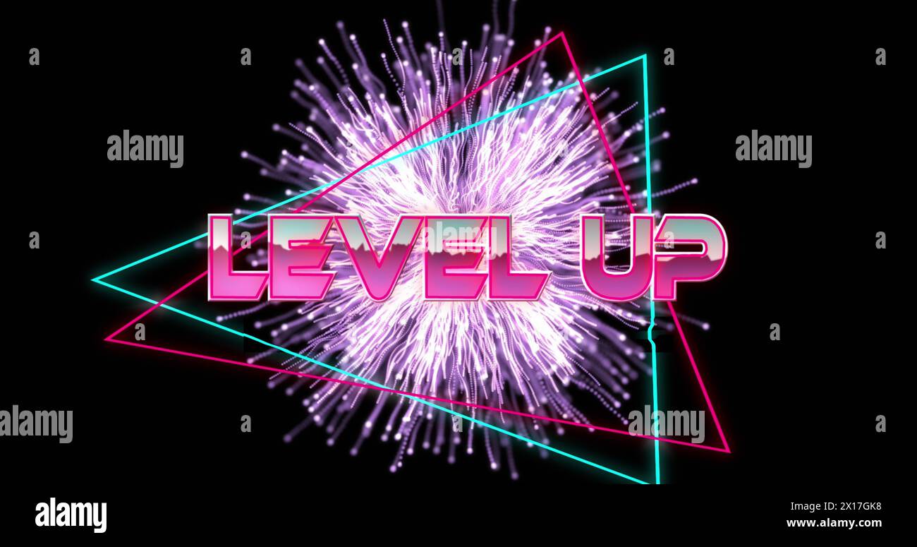 Image of level up text in metallic pink letters with triangles over ...