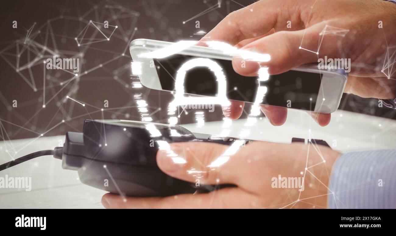 Image of network of connections over smartphone and payment terminal ...