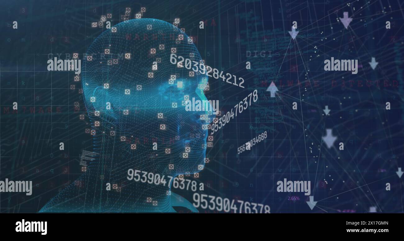 Image of digital screen with data processing, connections and head ...