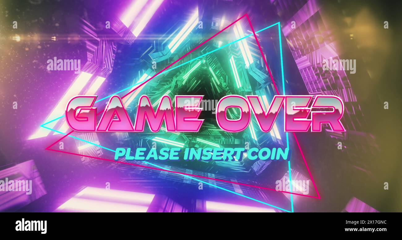Image of game over text banner over neon green and pink glowing tunnel ...