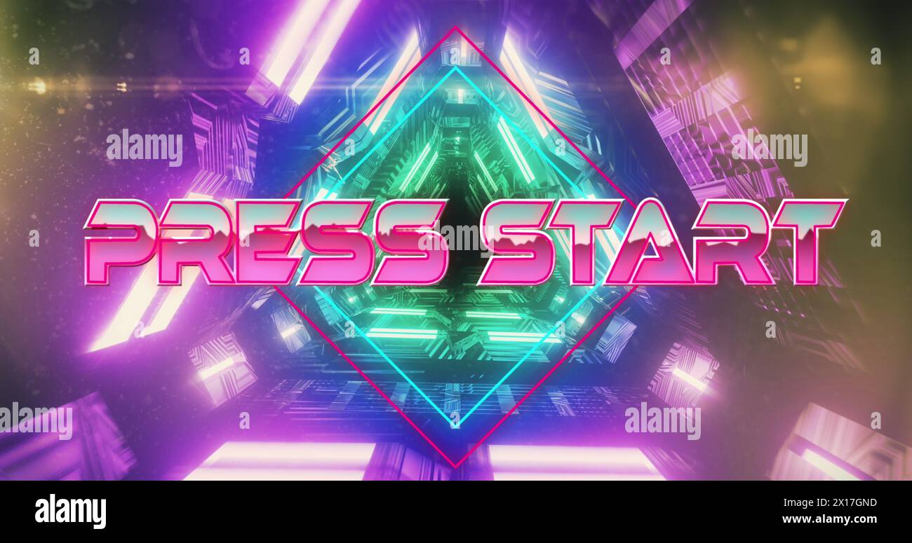Image of press start text banner over neon green and pink glowing ...