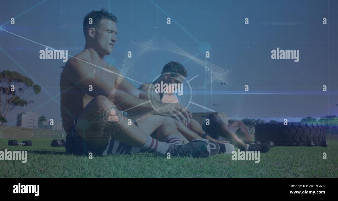 Image of network of connections over diverse men exercising Stock Photo ...