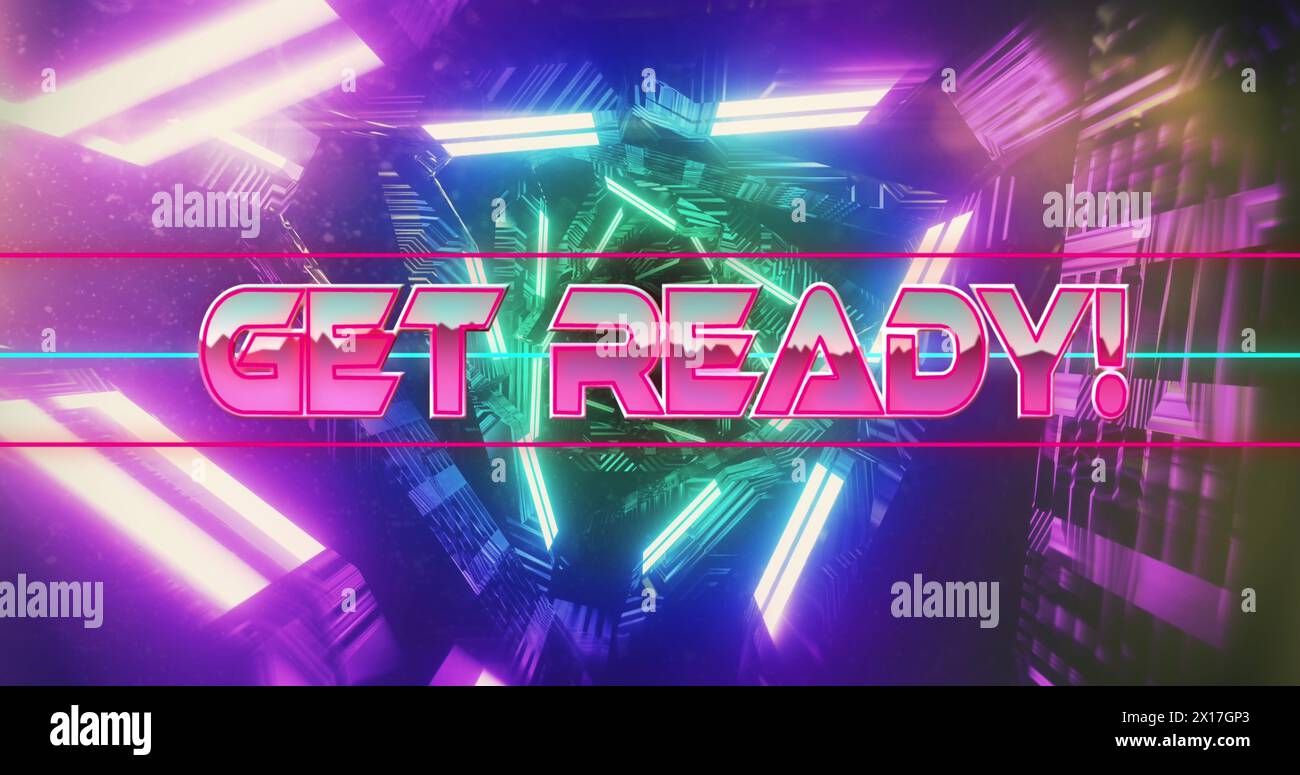 Image of get ready text banner over neon green and pink glowing tunnel ...