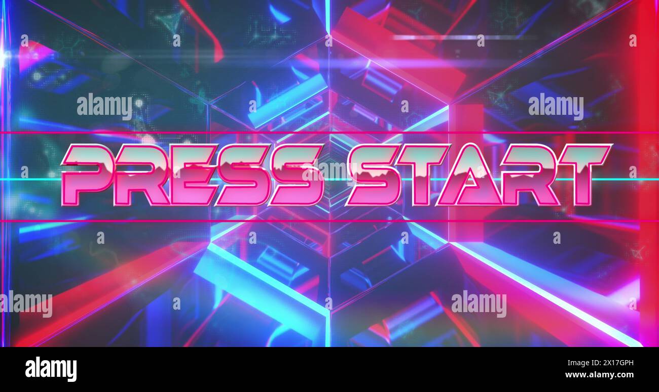Image of press start text banner over neon red and blue glowing tunnel ...