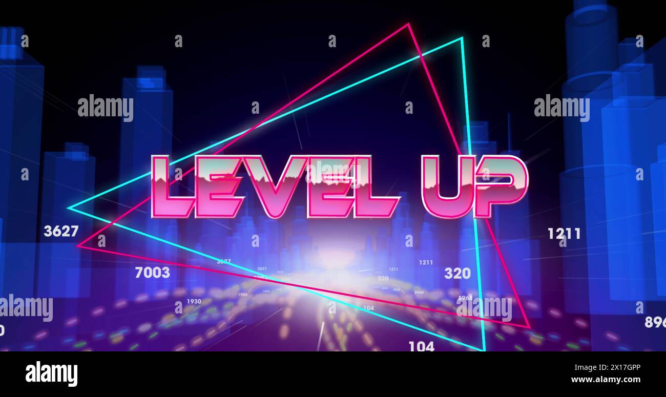 Image of level up text banner over light trails and 3d city model ...