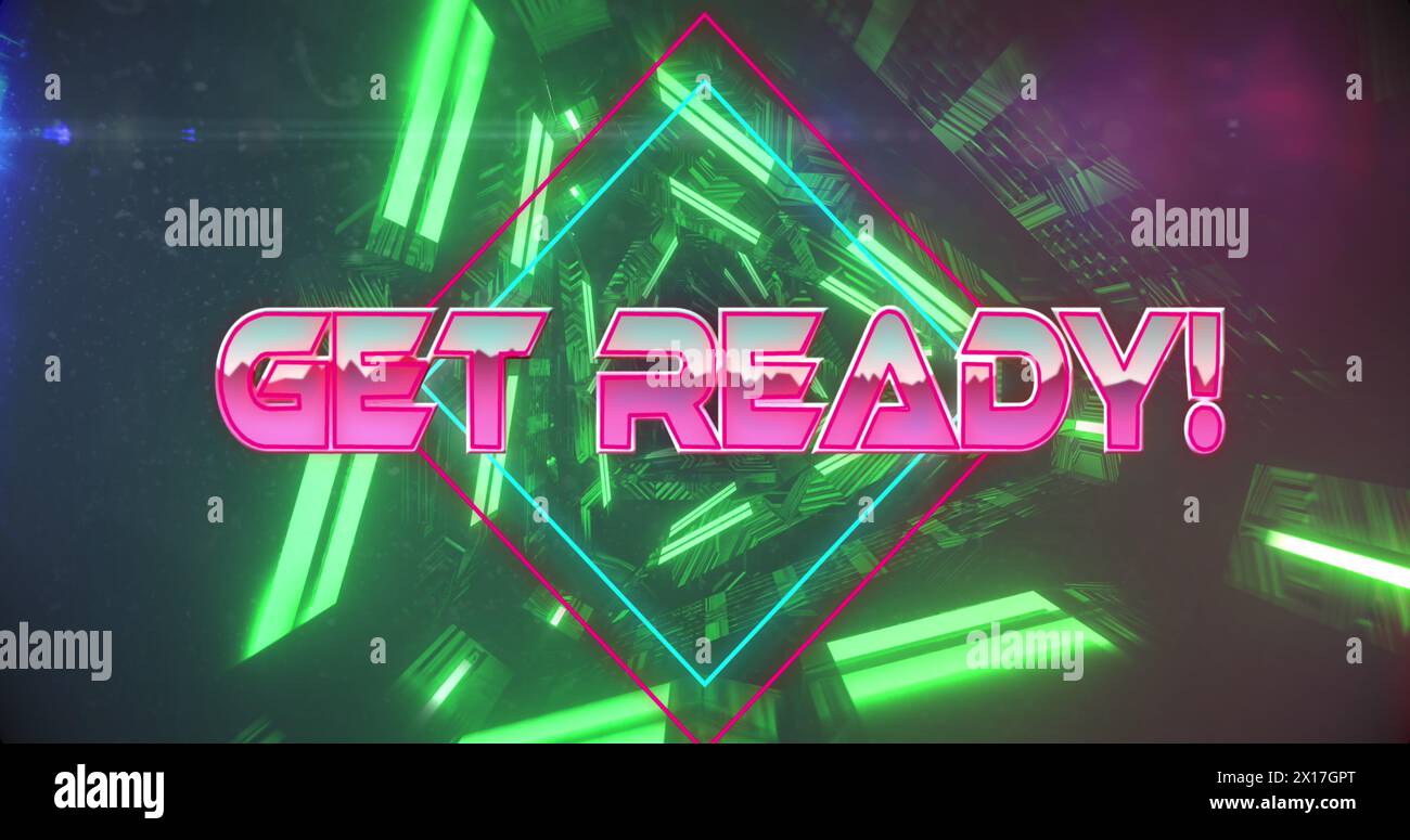 Image of get ready text banner over neon green glowing tunnel in ...