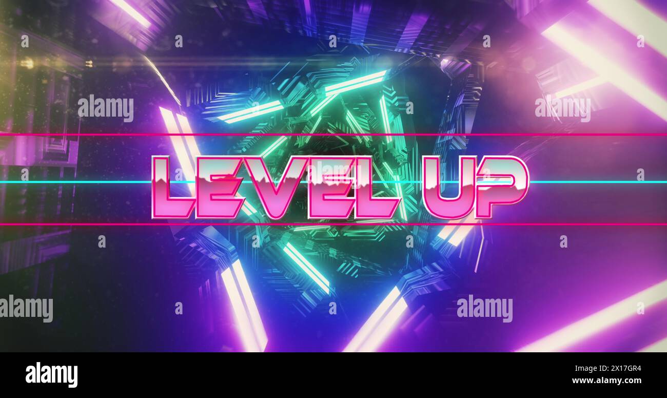 Image of level up text banner over neon green and pink glowing tunnel ...