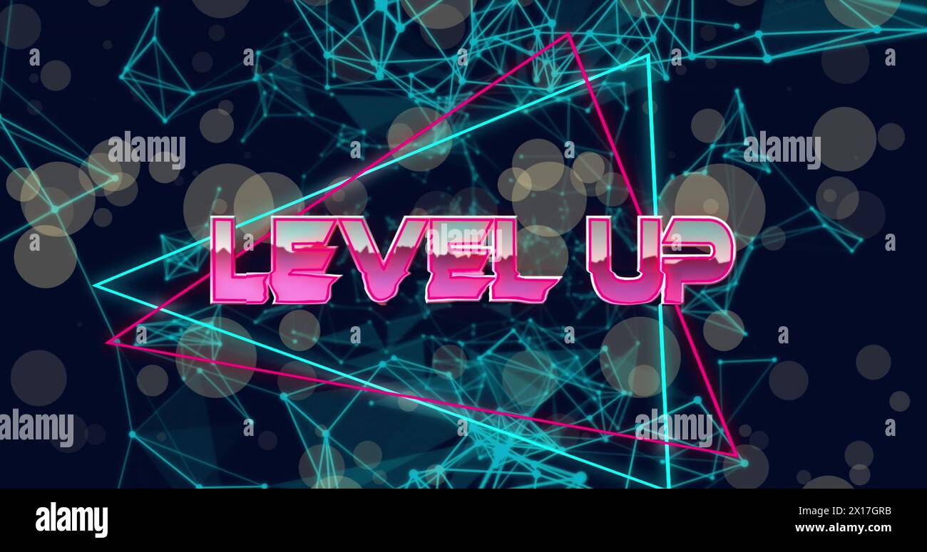 Image of level up text banner over network of connections and spots of ...