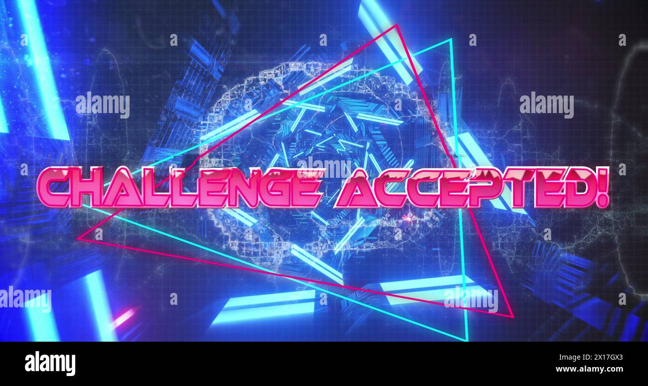 Image of challenge accepted text banner over neon blue glowing tunnel ...