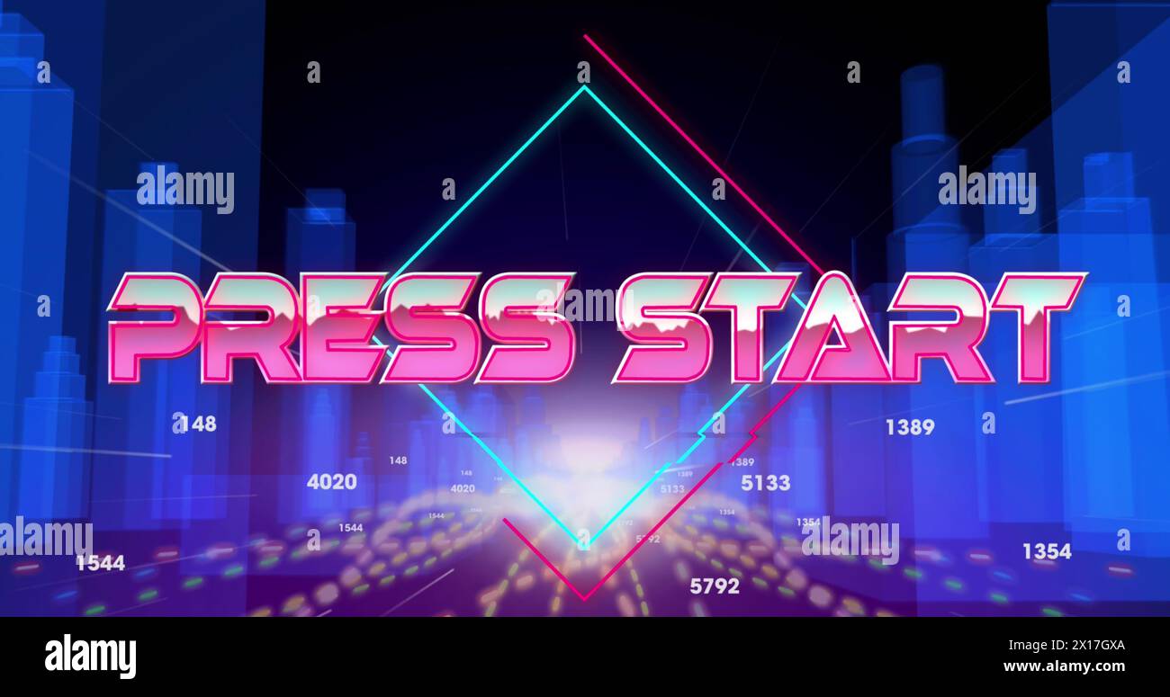 Image of press start text banner over light trails and 3d city model ...