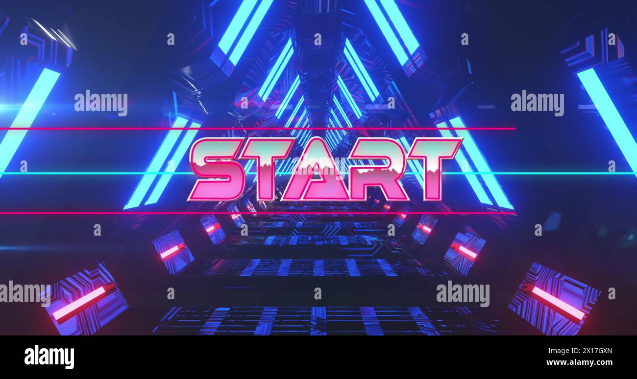 Image of start text banner over neon blue glowing tunnel in seamless ...