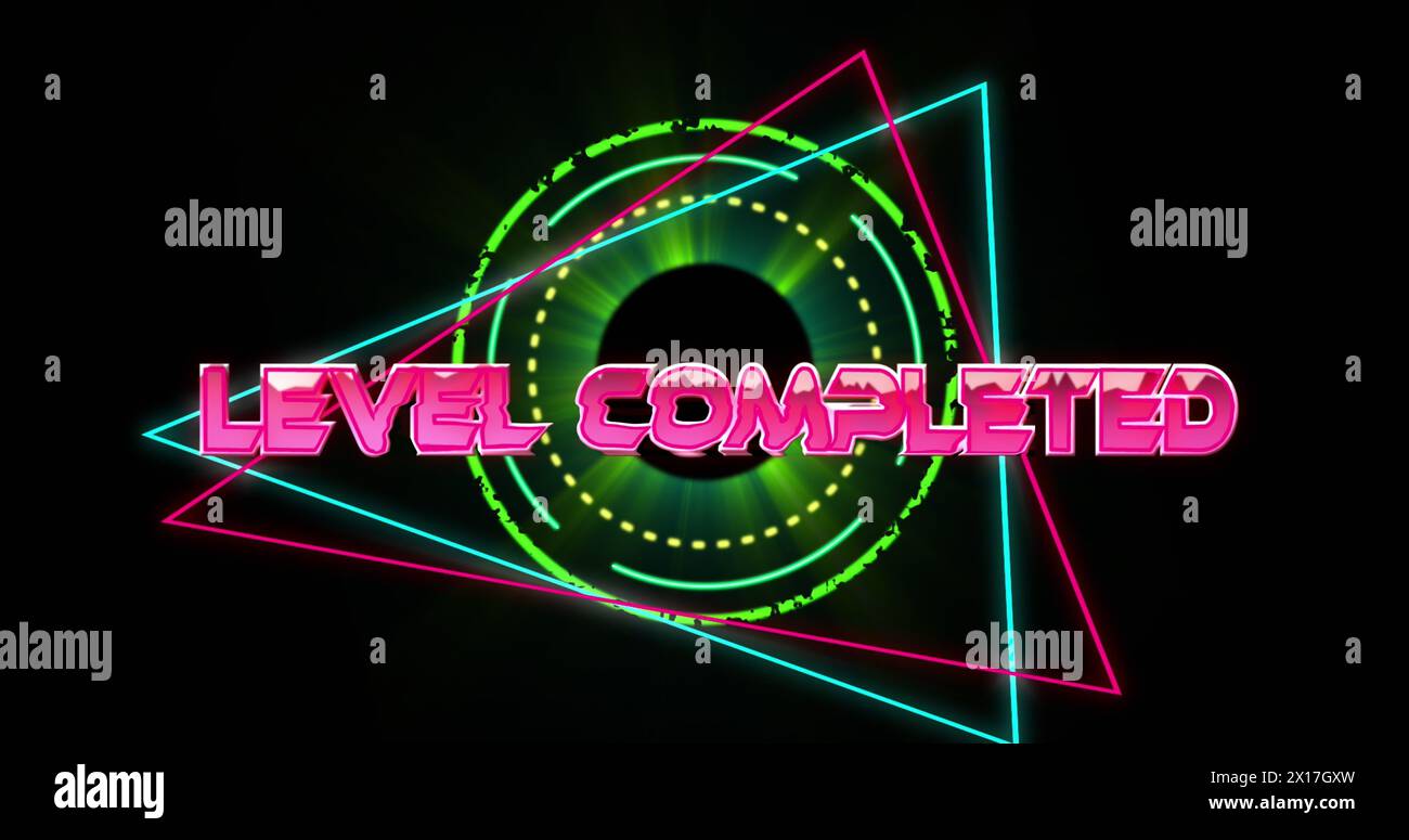 Image of level completed text banner over neon green round scanner ...
