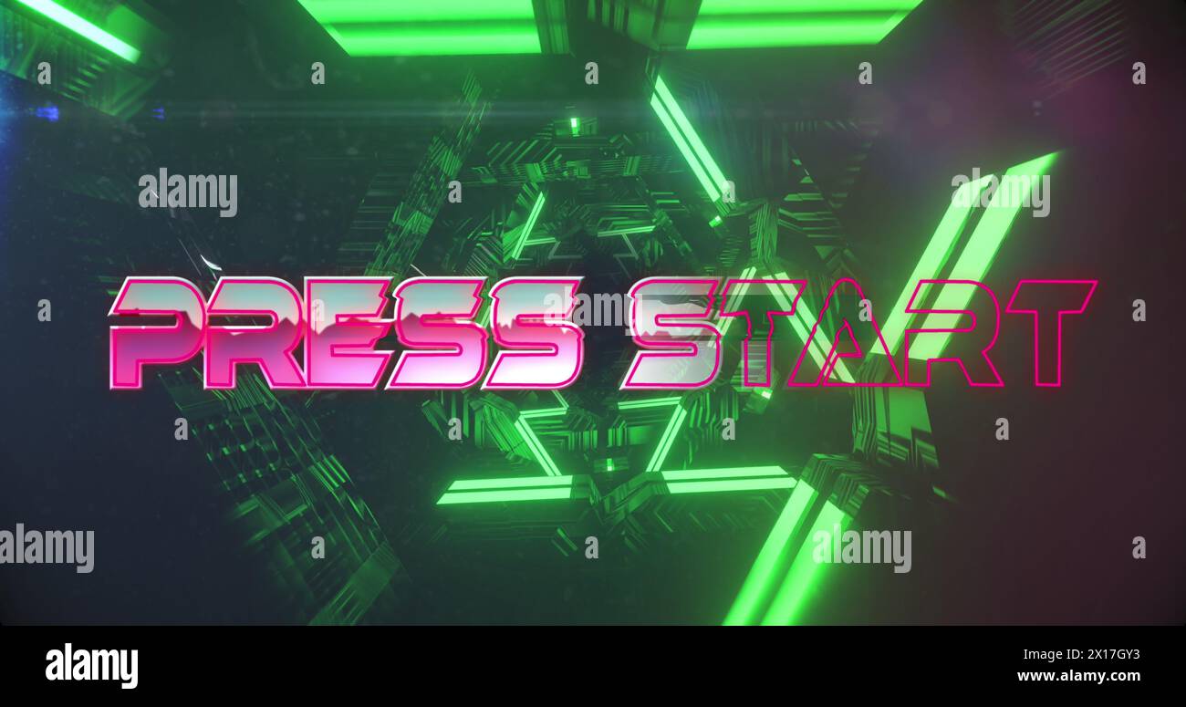 Image of press start text banner over neon green glowing tunnel ...