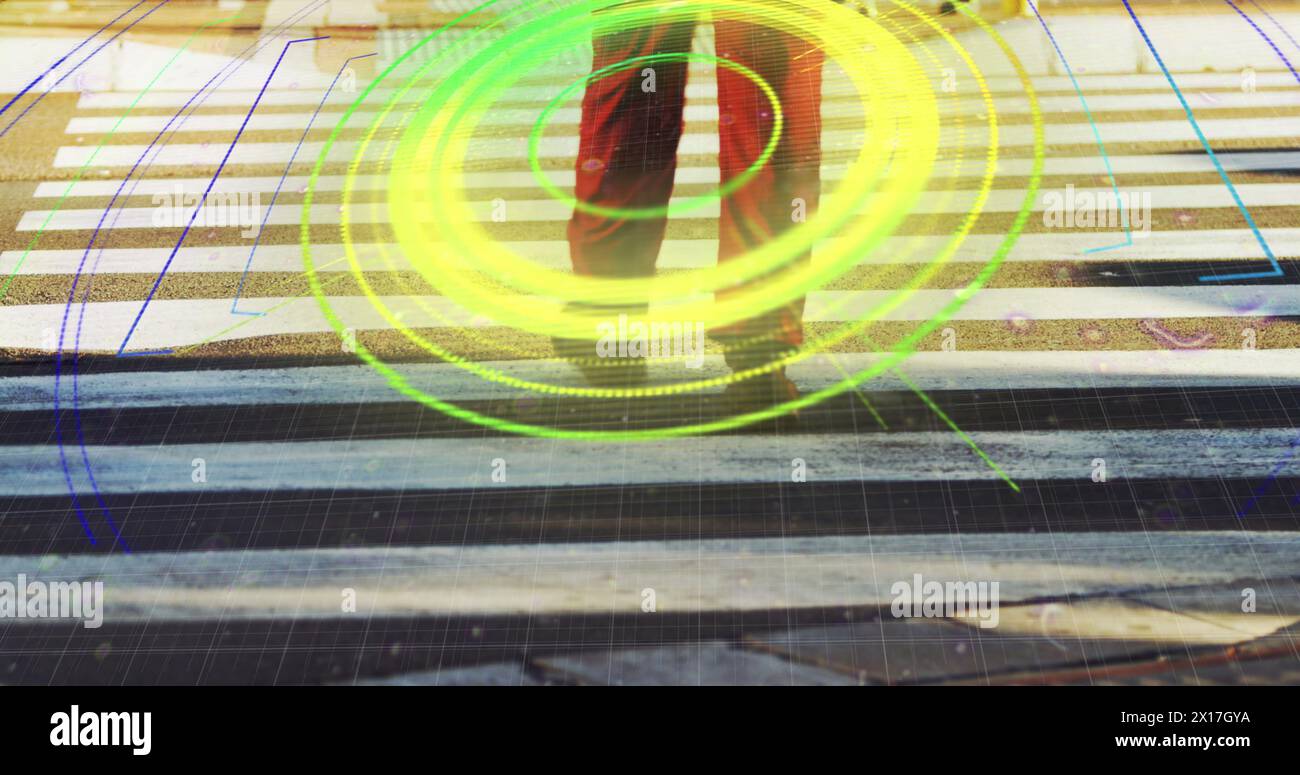 Image of scope scanning and shapes over diverse people crossing street ...